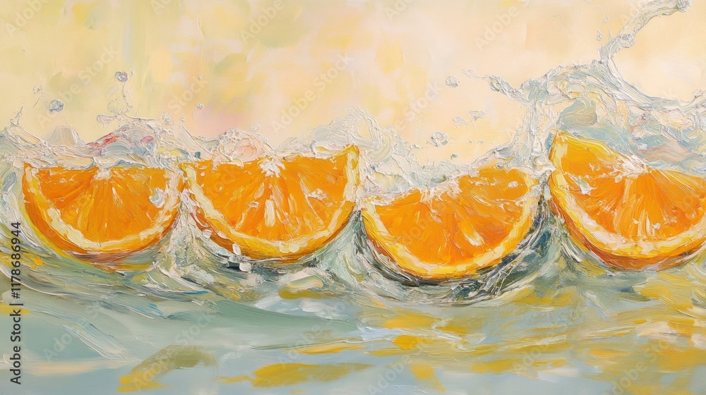 Four orange slices splashing in water, vibrant, juicy, and refreshing ...