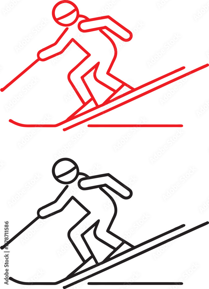 Minimalist ski icon, red and black versions, simple line drawing, stick ...