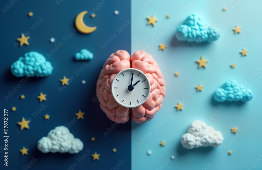 Illustration shows brain model with clock on. Night, day symbols on ...