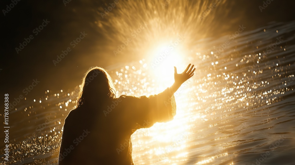 Jesus reaching out to someone in water his hand glowing with light ...