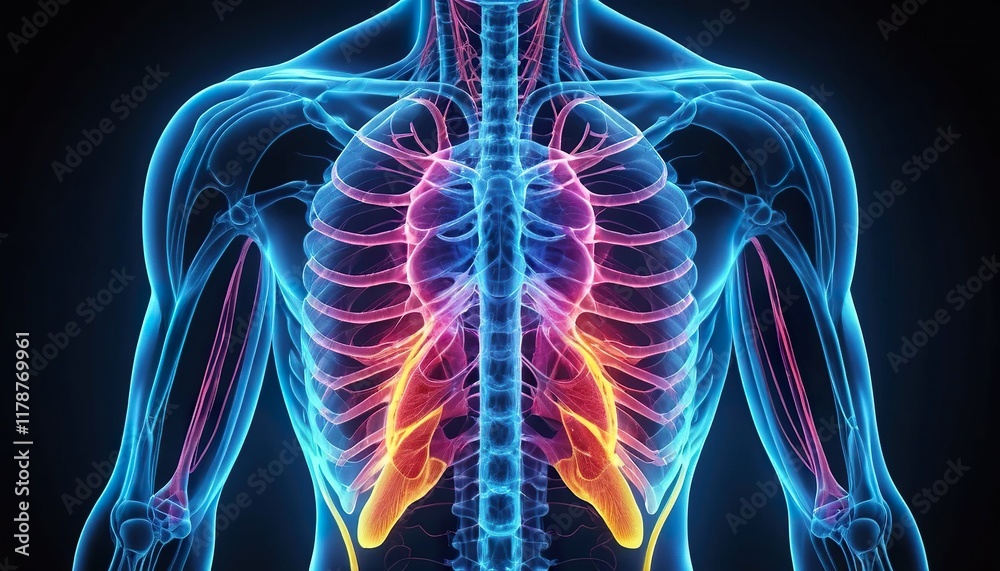 Detailed anatomical illustration of the human pectoral muscles and rib ...