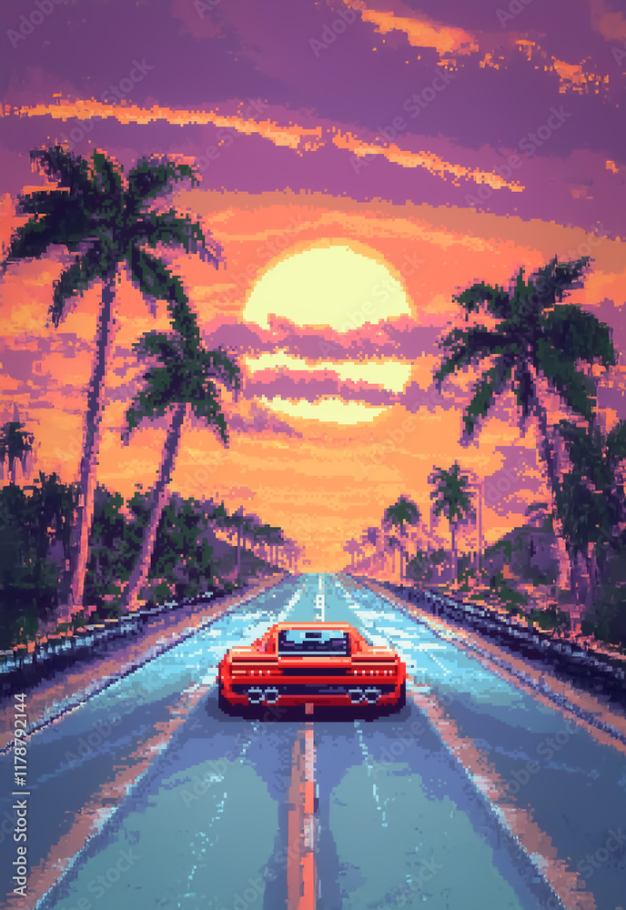 A red sports car speeding down a pixel-art highway at sunset ...