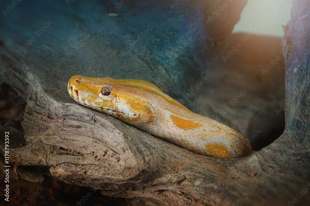 The had of the Royal yellow albino python, is shown in front of a white ...
