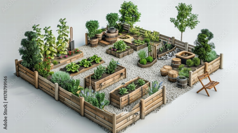 3D landscape model of a community garden with raised beds walking paths ...