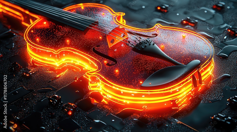 Fiery violin rests on dark, textured surface; abstract background ...