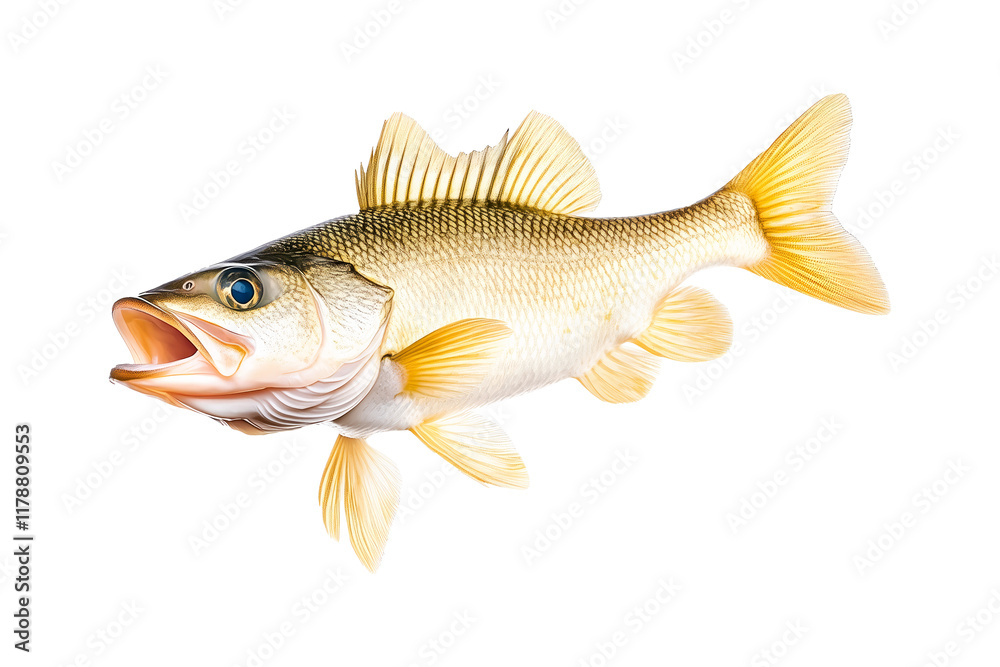 Freshwater Walleye fish with vivid golden fins and detailed scales ...
