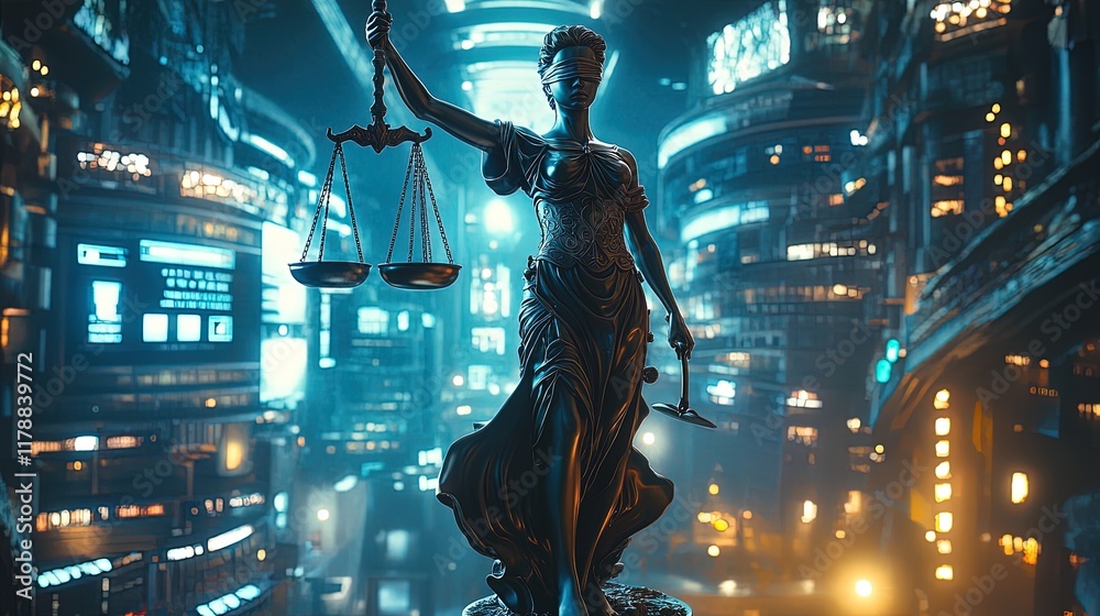 Lady Justice in a modern setting with digital scales, futuristic ...