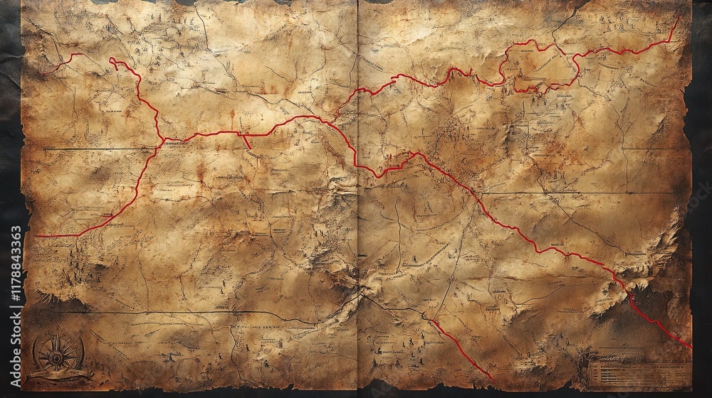 Historical war map with red lines marking battlegrounds, aged and ...