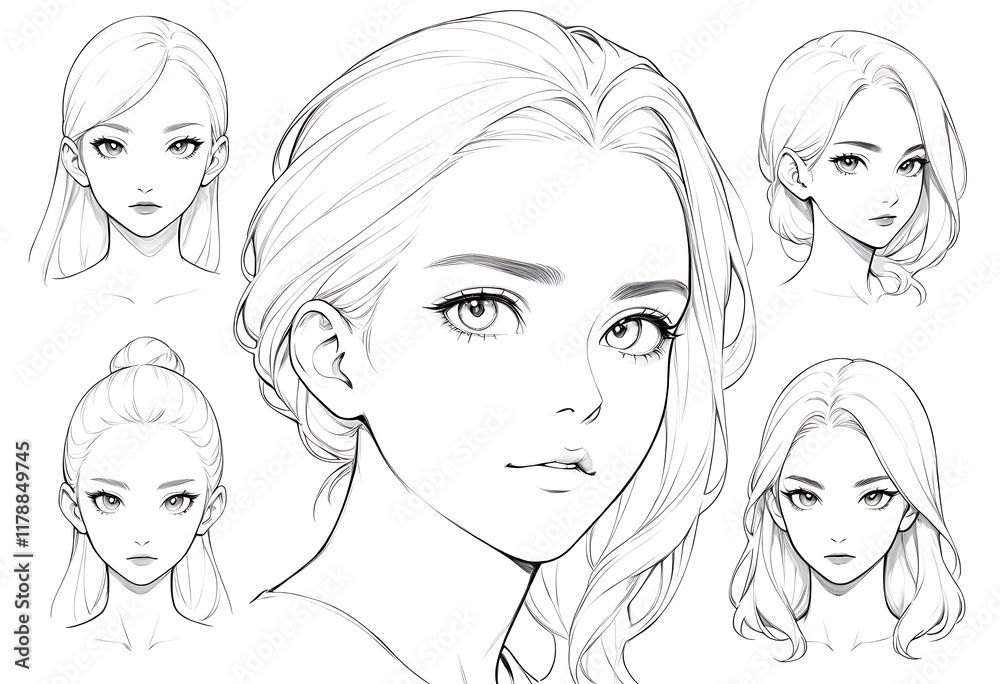 Female Face Proportions and Hairstyle Sketches for Drawing Reference. A ...