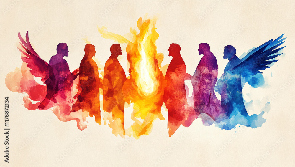 Flames of the Holy Spirit surround seven figures during the ascension ...