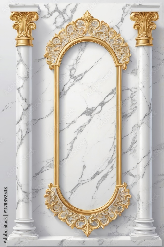 Tall narrow white marble frame, intricate gold designs, two columns ...