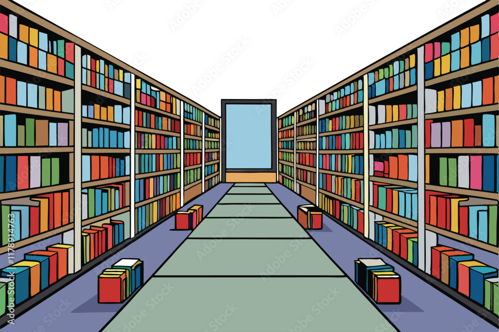 Detailed illustration of library bookshelves packed with books of ...