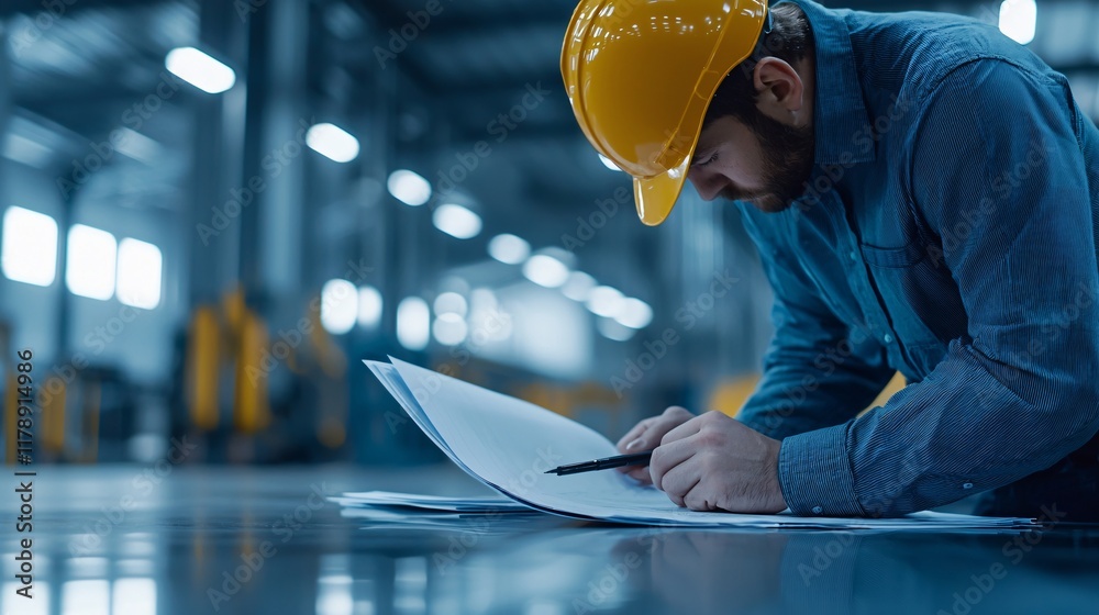 Engineer reviewing product blueprints while comparing with the final ...