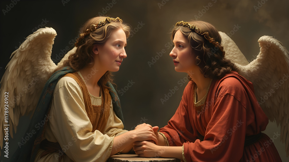 Foto de Stock Annunciation artwork featuring Mary and angel Gabriel ...
