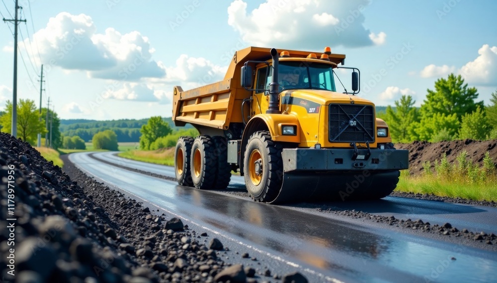 Heavy machinery repairing asphalt road with dump truck and roller ...