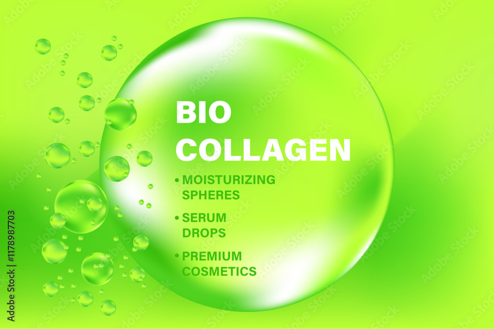 Glowing 3d bio collagen liquid green droplet with fluid flowing ...