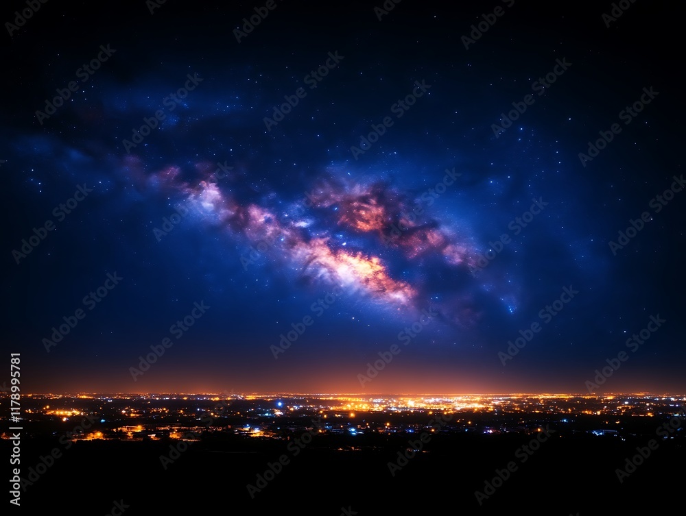 Night city skyline with vibrant Milky Way galaxy. Stock Photo | Adobe Stock