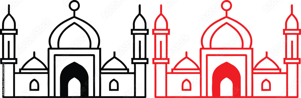 Mosque icon, circular design, minimalist illustration, black and red ...