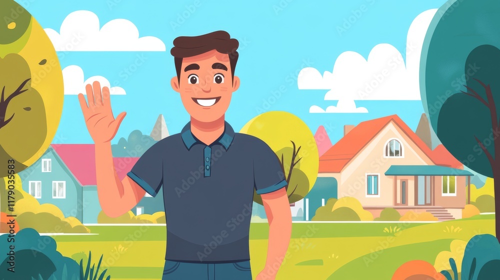 81.Vector illustration of a friendly male neighbor waving hello, set ...