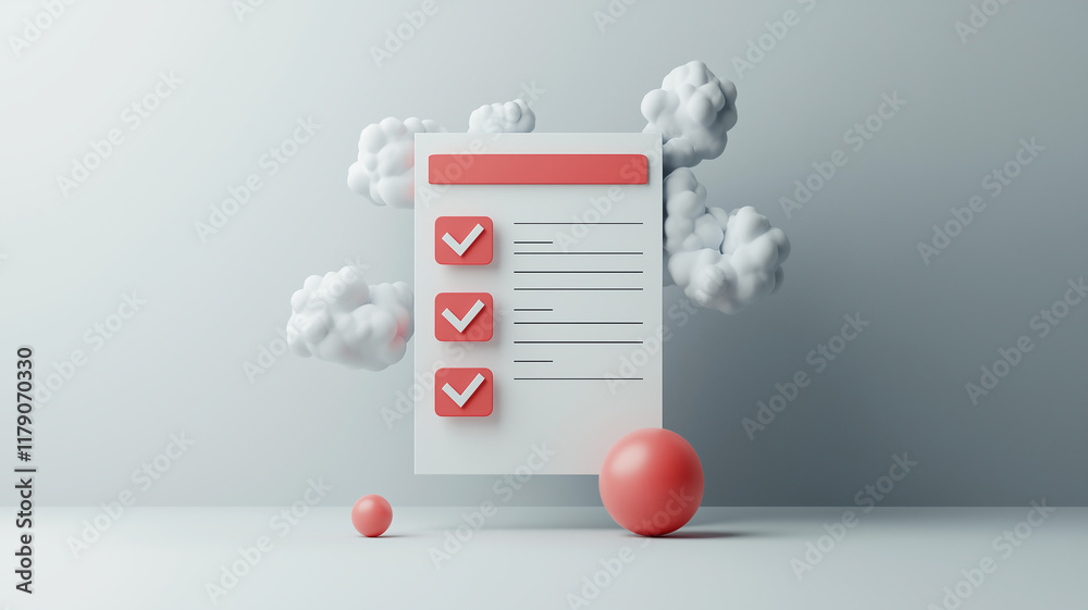 3d render of a simple white and red illustration floating checklist ...