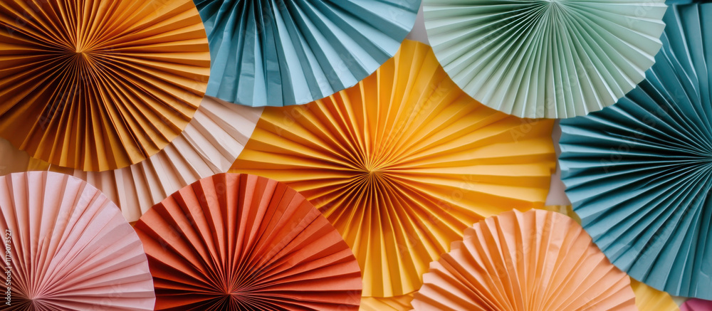 Vibrant colorful paper fans arranged in a decorative overlapping ...
