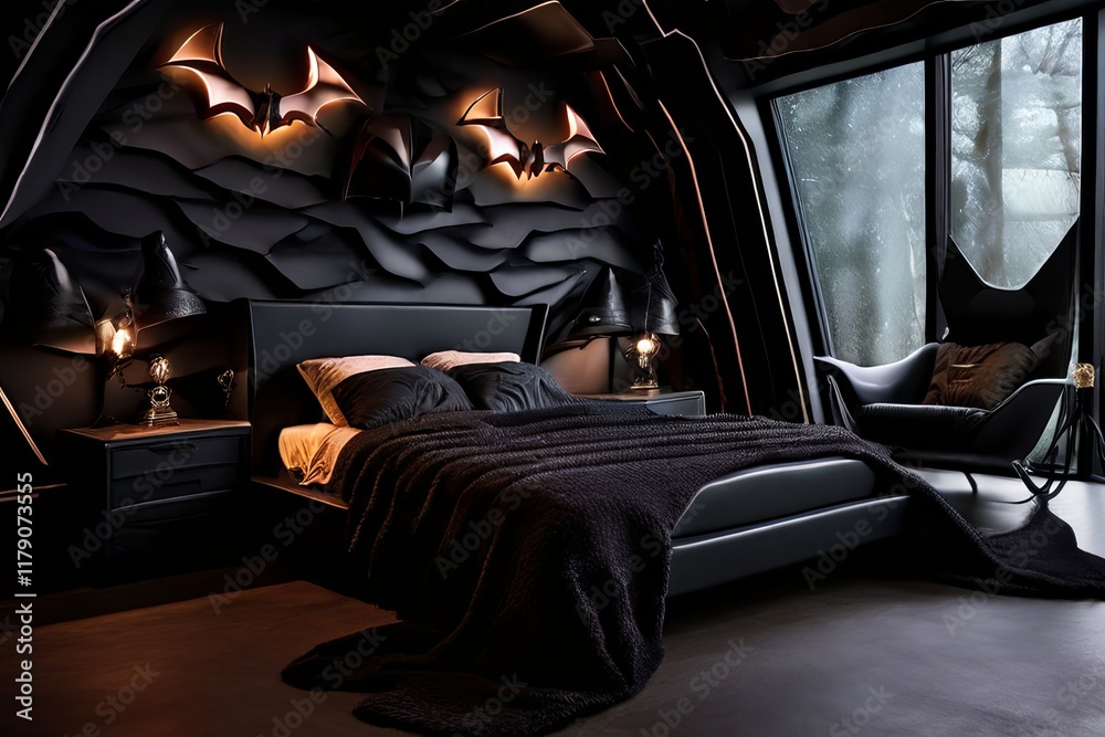 77 the batcave a dark mysterious room with a bat themed bedsprea Stock ...