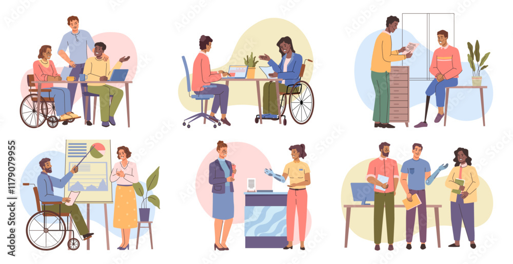Inclusive people in office. Vector various disabled characters work ...