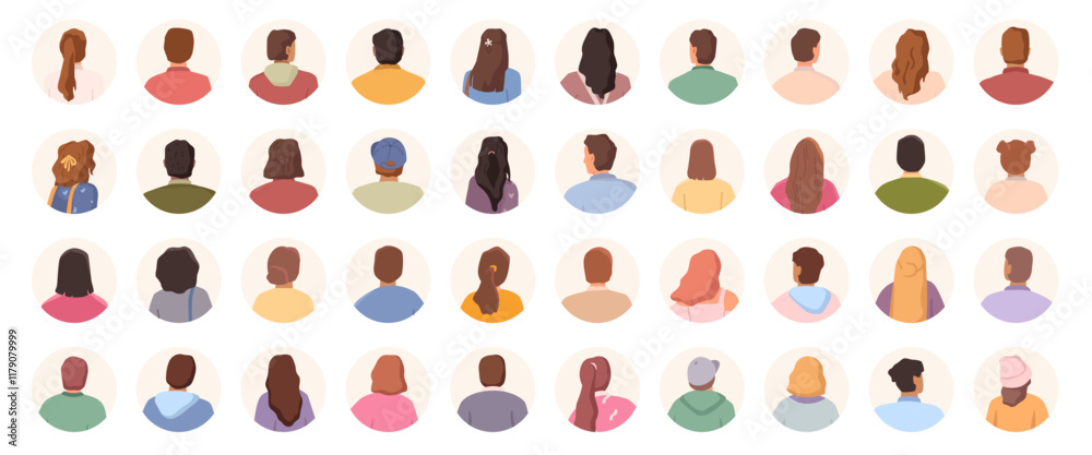 Round portraits of cartoon characters in daily clothes, look from ...