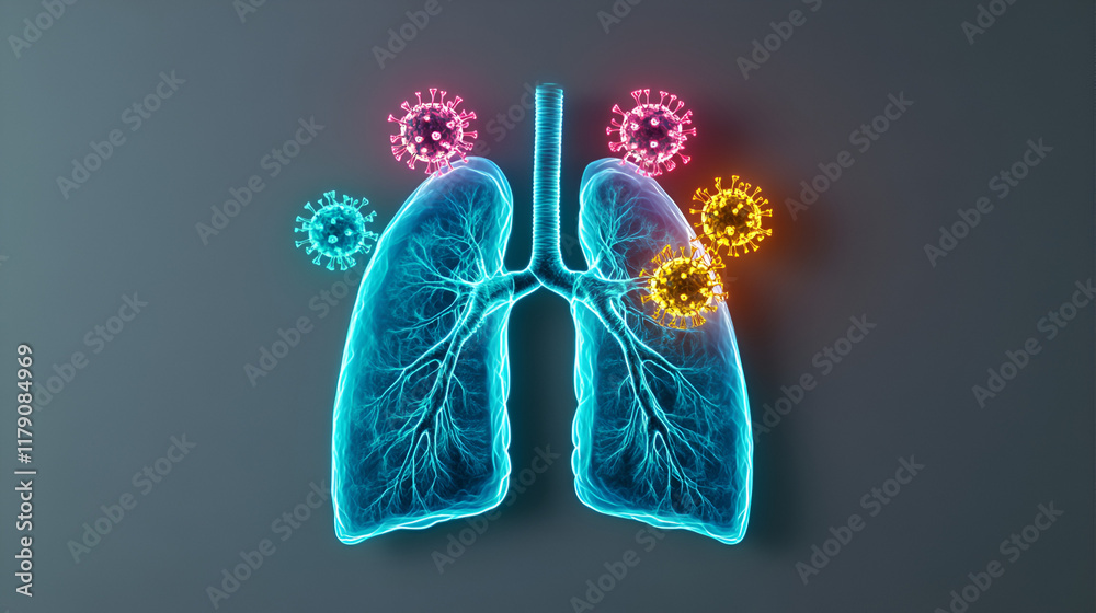 Stylized x ray with neon overlays of HMPV particles infecting lung ...