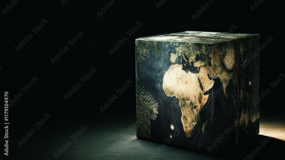Earth as a cube with translucent body of water and a detailed relief ...