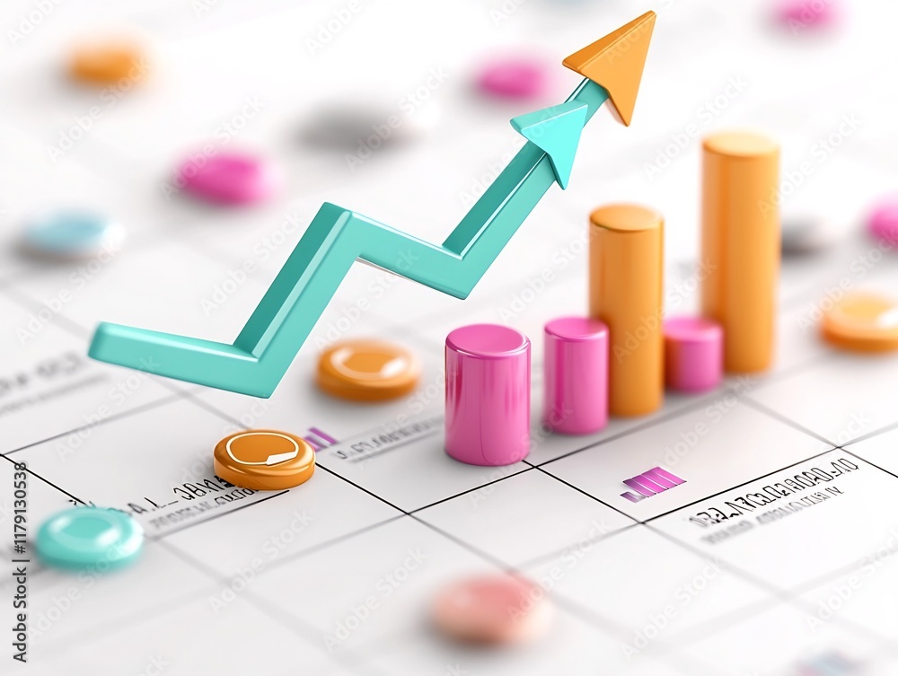 Detailed financial line graph with an ascending upward arrow and ...