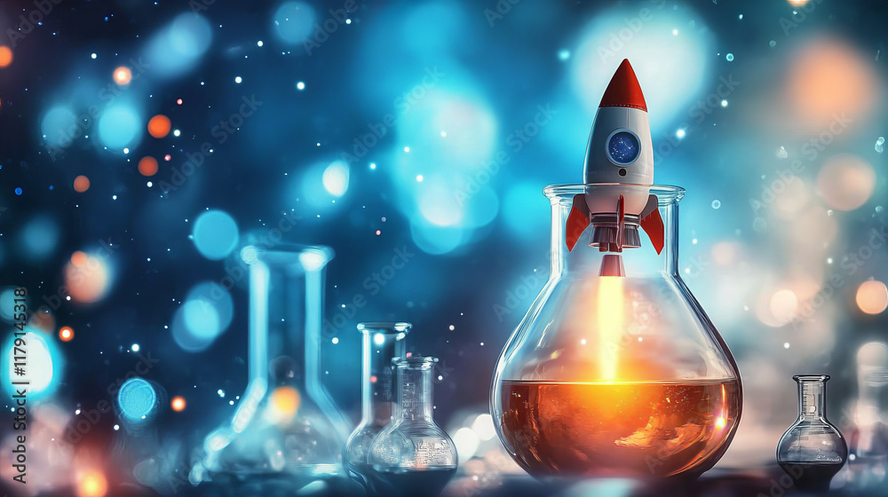 Galaxy space icon with rocket ship inside circular laboratory beaker ...