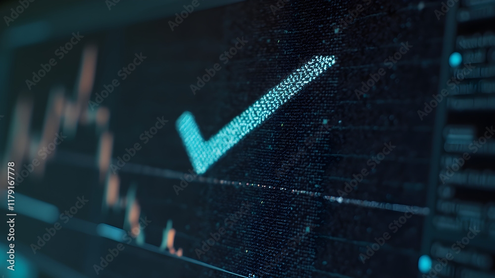 Digital check mark on screen. Ultra realistic visual effects ...