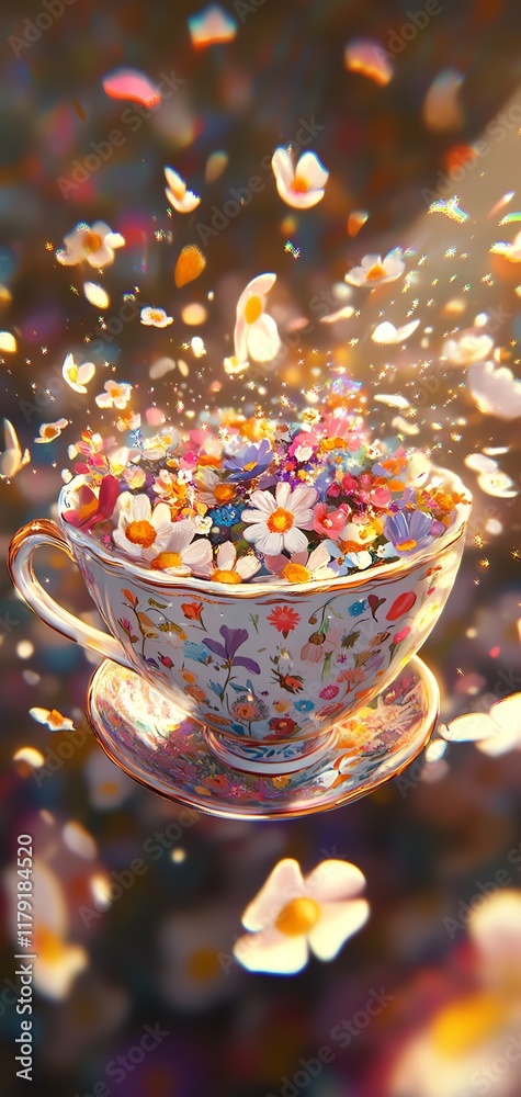 Enchanted teacup overflowing with vibrant flowers, magical petals dance in the air. Whimsical ...