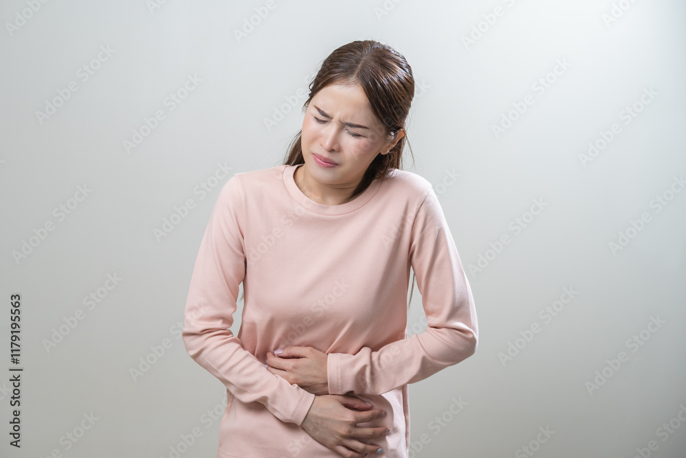 Flatulence asian young woman intolerance hand in stomach ache, suffer ...