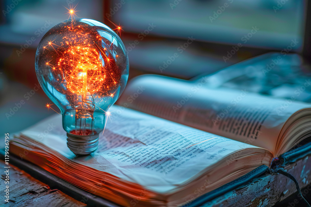 Light bulb shining on top of open book symbolizing knowledge Stock Photo | Adobe Stock