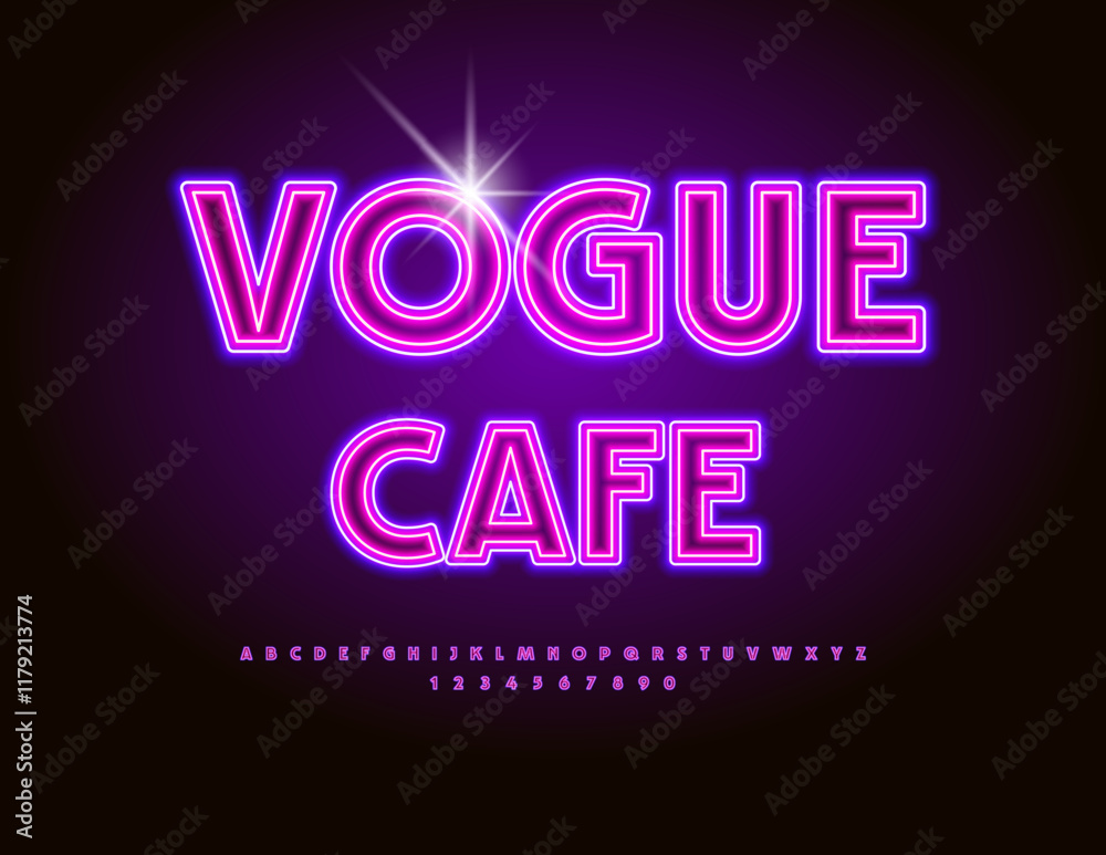 Vector glowing flyer Vogue Cafe. Violet Neon Font. Typography Urban ...