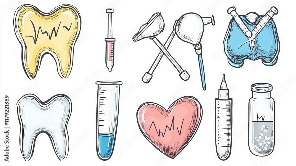 Ilustración de Stock Medical and healthcare sketched icons with a tooth ...