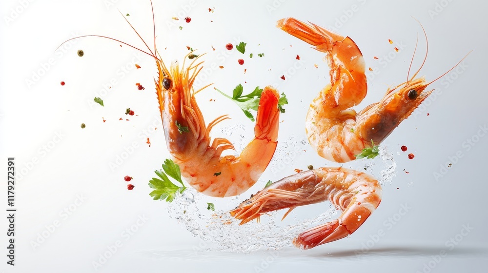 dynamic seafood capture, floating cooked prawns, airborne herbs ...