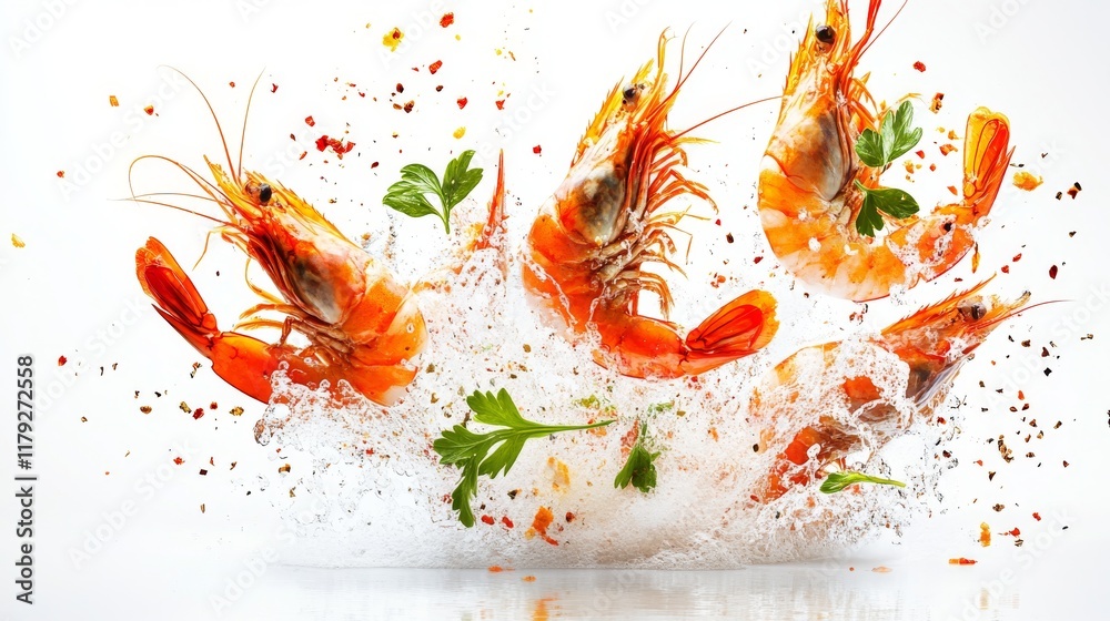 dynamic seafood capture, floating cooked prawns, airborne herbs ...