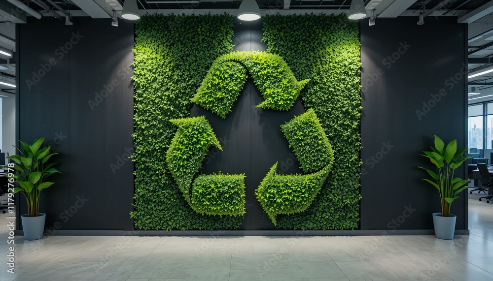 Green recycle symbol sign with a professional office backdrop ...
