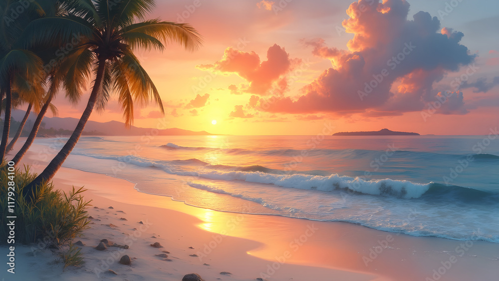 Watercolor sunset beach painting. Ultra realistic ocean horizon scene ...