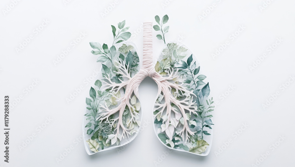 Lungs are artistically designed using various green leaves and branches ...