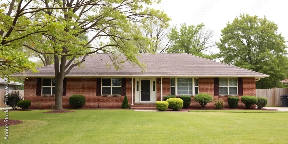 1980s brick ranch house with tall windows and a spacious front yard ...