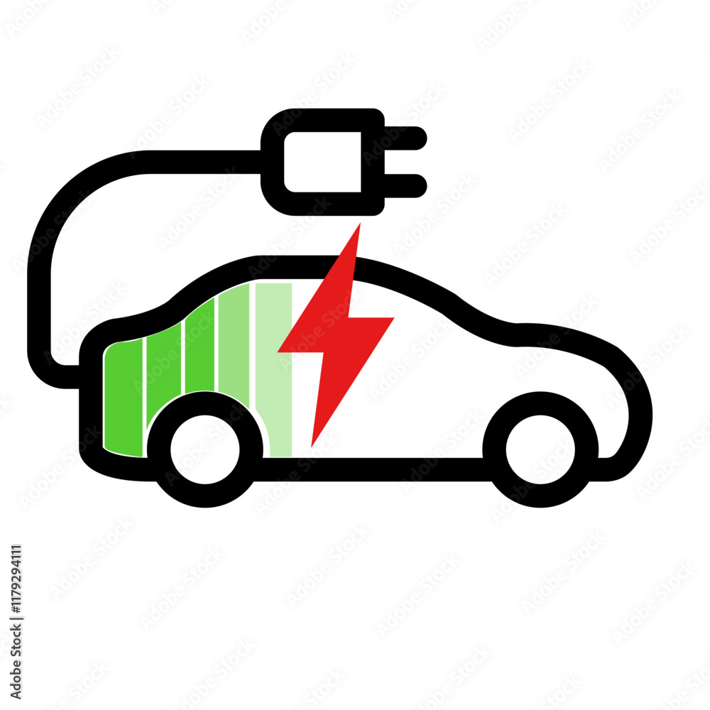 EV Charging electric car with plug icon and charging indicator bar ...