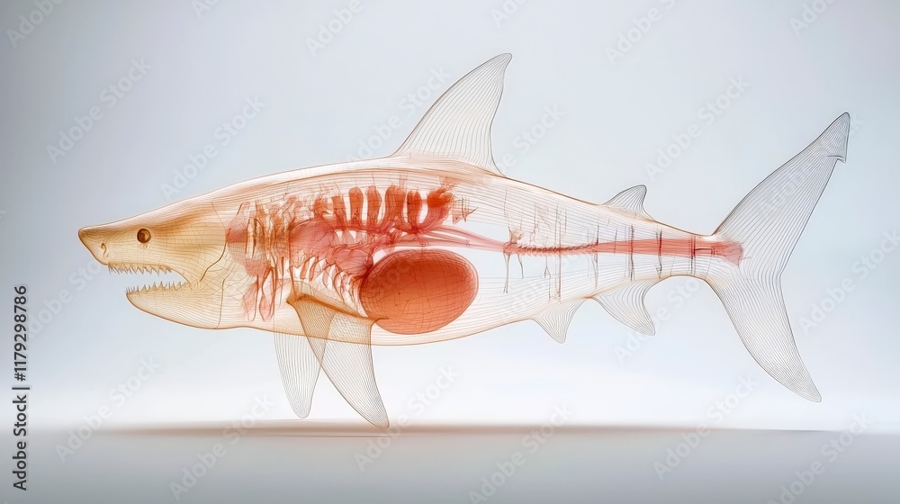 Transparent illustration of a shark anatomy showing organs and skeletal ...