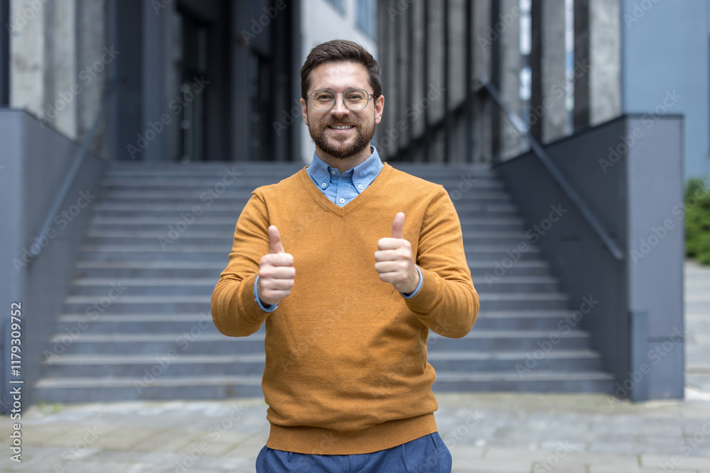 Portrait of a young successful man standing outside an office building ...