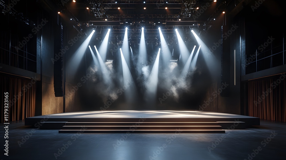 Professional stage setup displays metal truss system, white spotlight ...