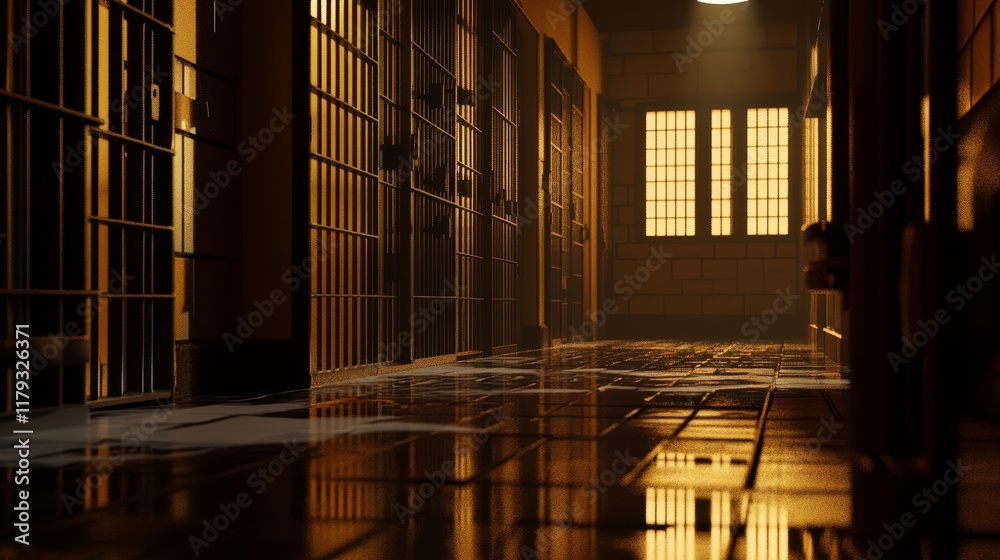 Inside a prison corridor at night, illuminated cells with lights on and ...