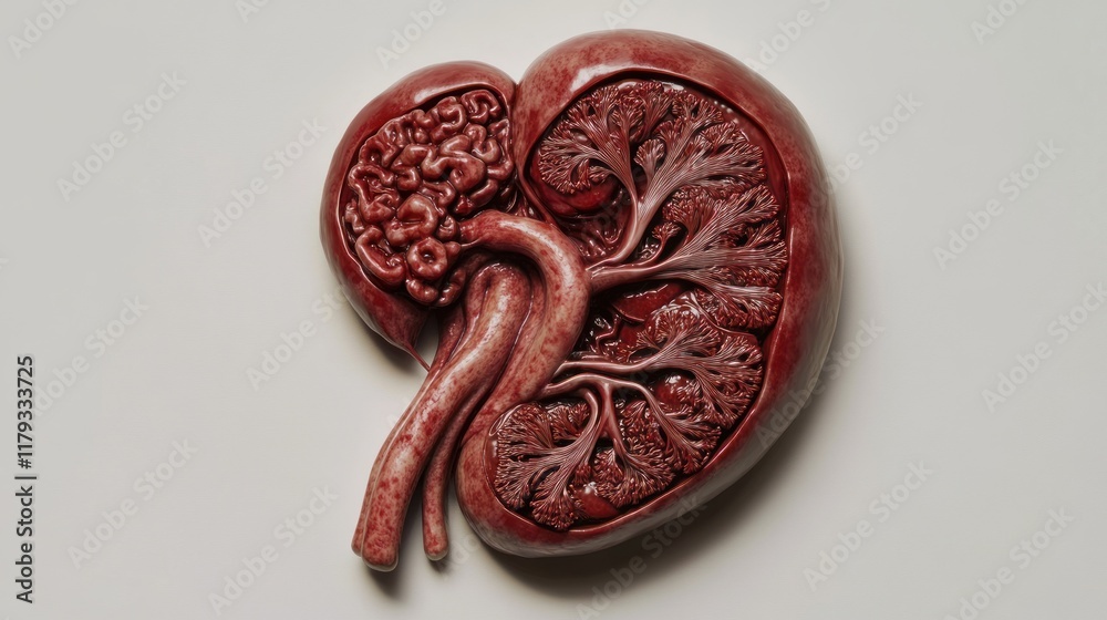 Cross-section of a human kidney showing internal anatomy, including the ...